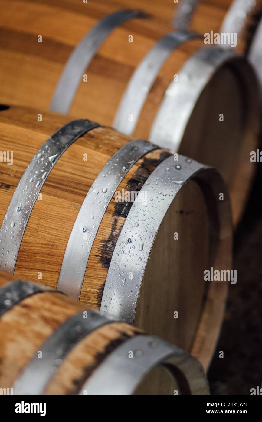 hydrating whiskey barrels with water before filling with liquor Stock ...