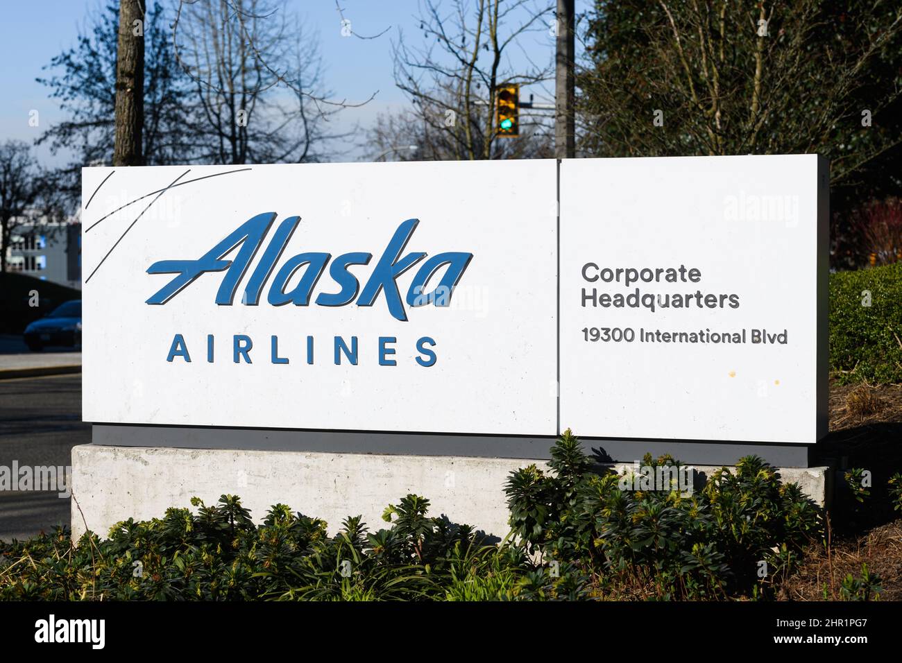SeaTac, WA, USA - February 23, 2022; Sign for the Alaska Airlines ...