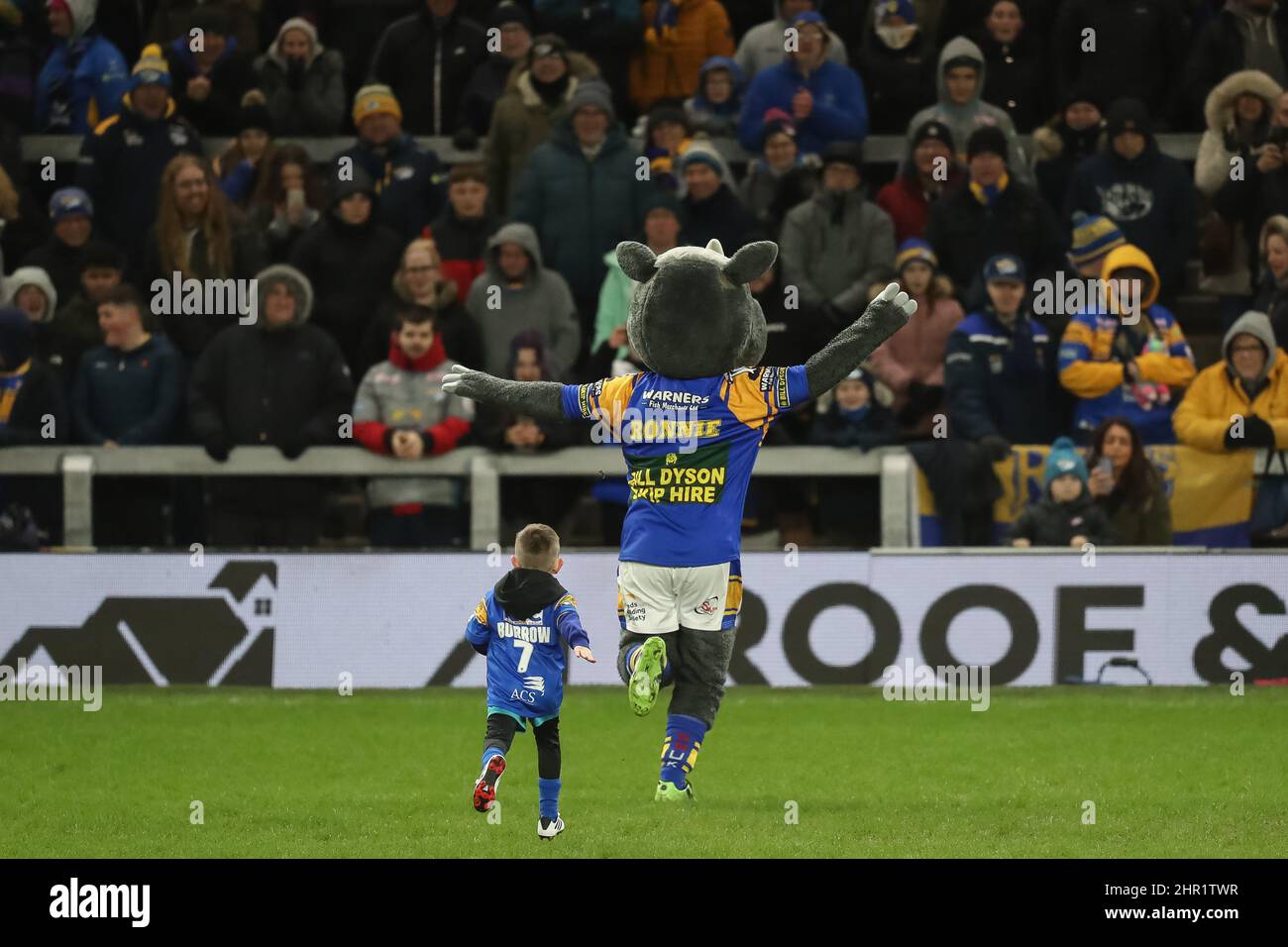 Leeds Rhinos mascot Ronnie and a young Leeds Rhinos supporter ahead of ...
