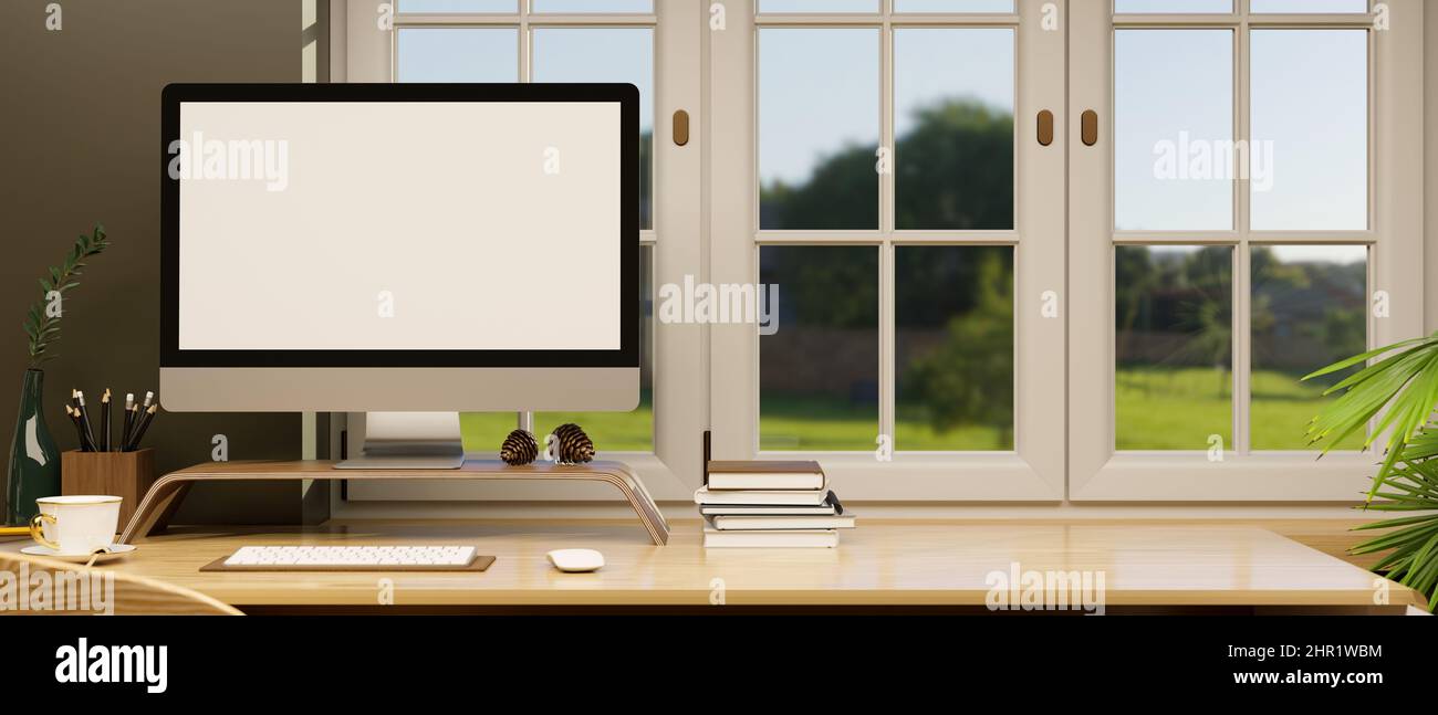 Comfortable home office workspace with pc desktop computer white screen ...