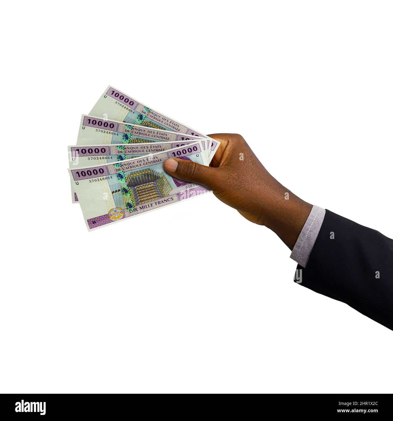 Black hand with suit holding 3D rendered 10000 Central African CFA ...