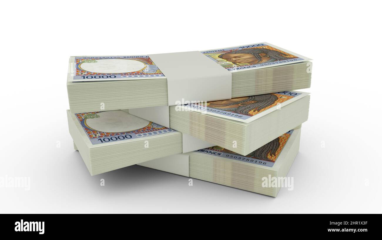3d rendering of Stack of 10000 Central African CFA franc notes. Few ...
