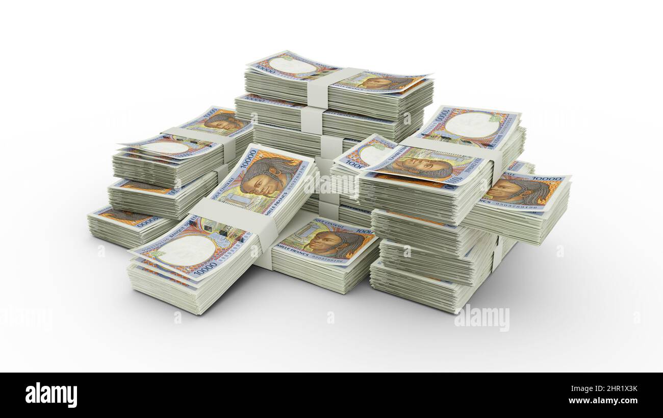 bundles of 10000 Central African CFA franc notes. 3D rendering of ...