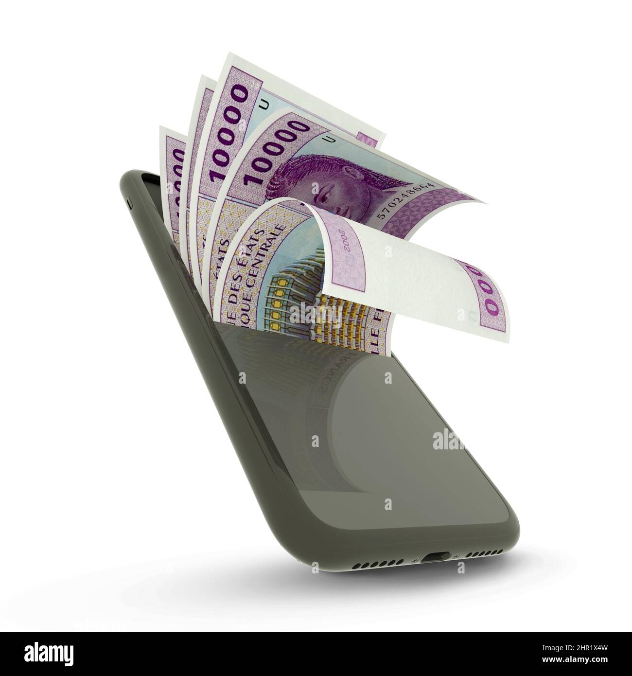 3D rending of 10000 Central African CFA franc notes inside a mobile ...