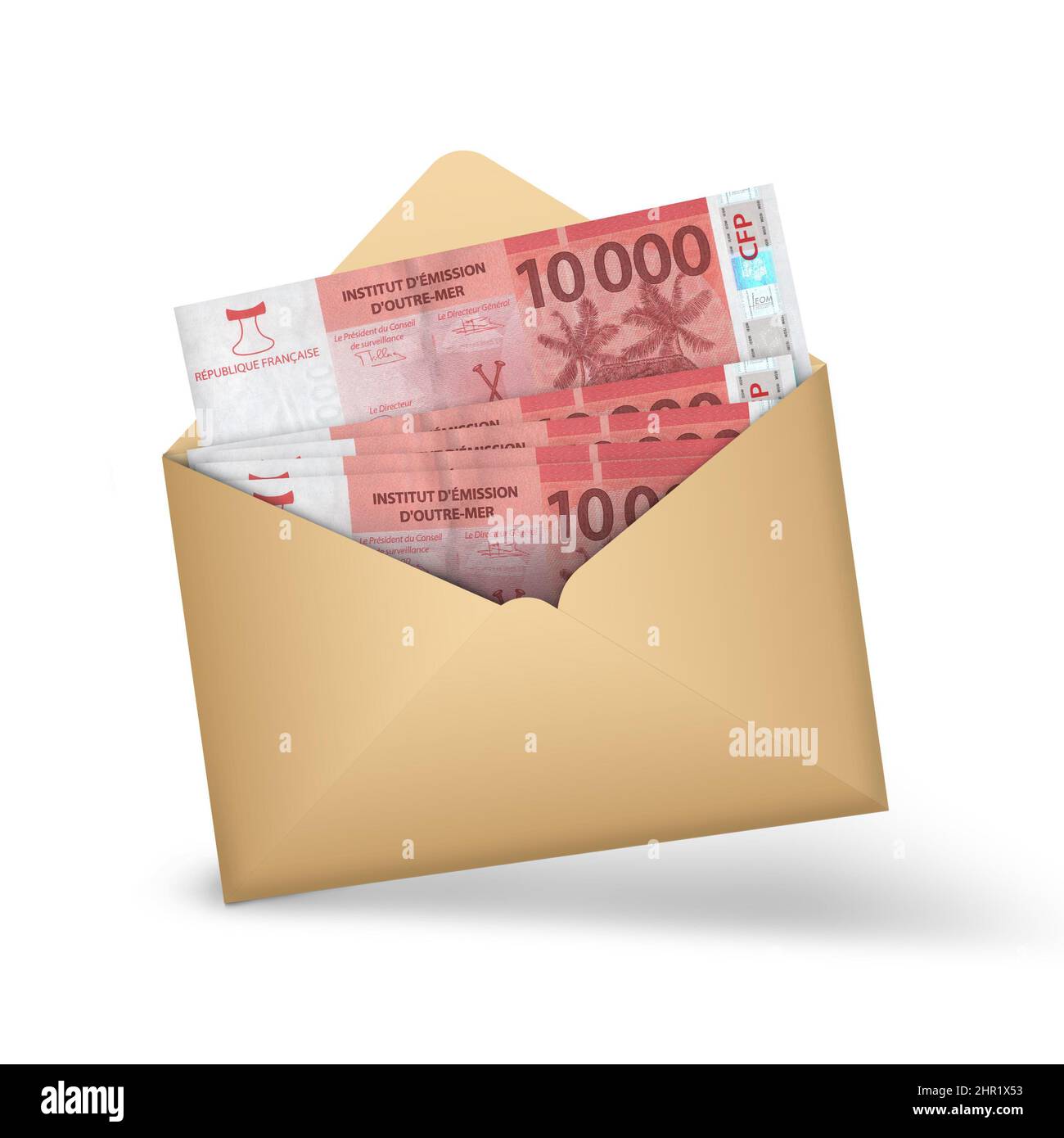 CFP franc notes inside an open brown envelope. 3D illustration of money ...