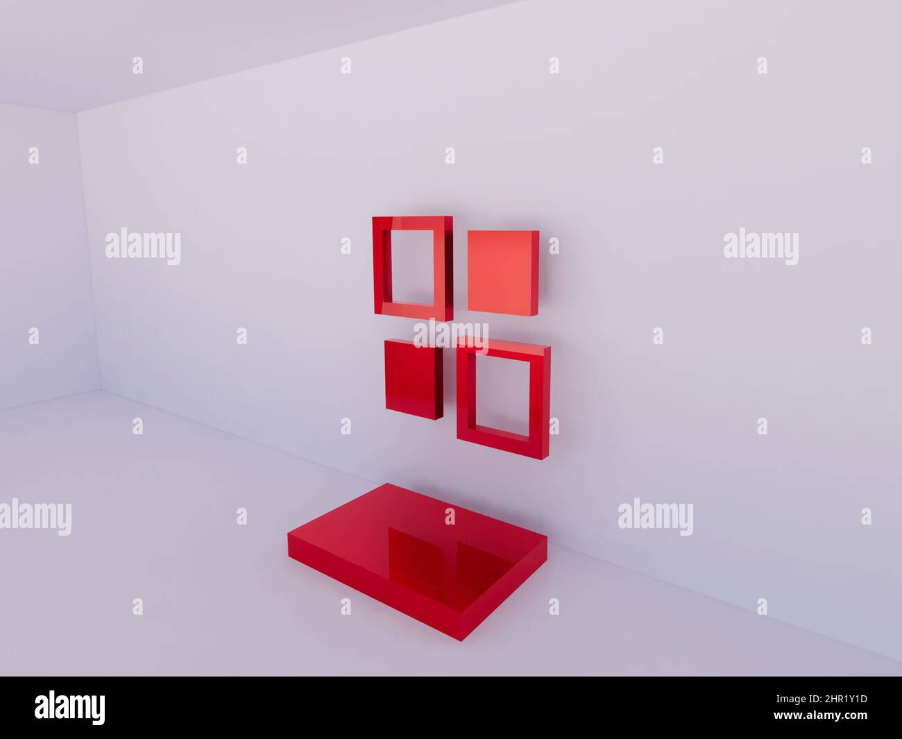 3d rendering for a product stand or studio with red boxes and red photo ...