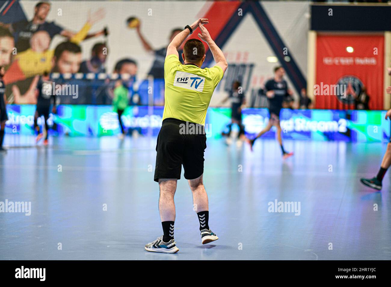 Referee illustration declaring a time out during the EHF Champions ...