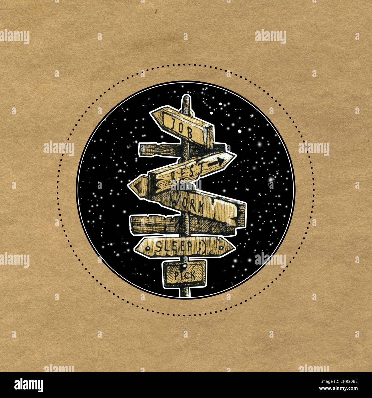 Wooden road sign on a black background. Black and white ink drawing ...