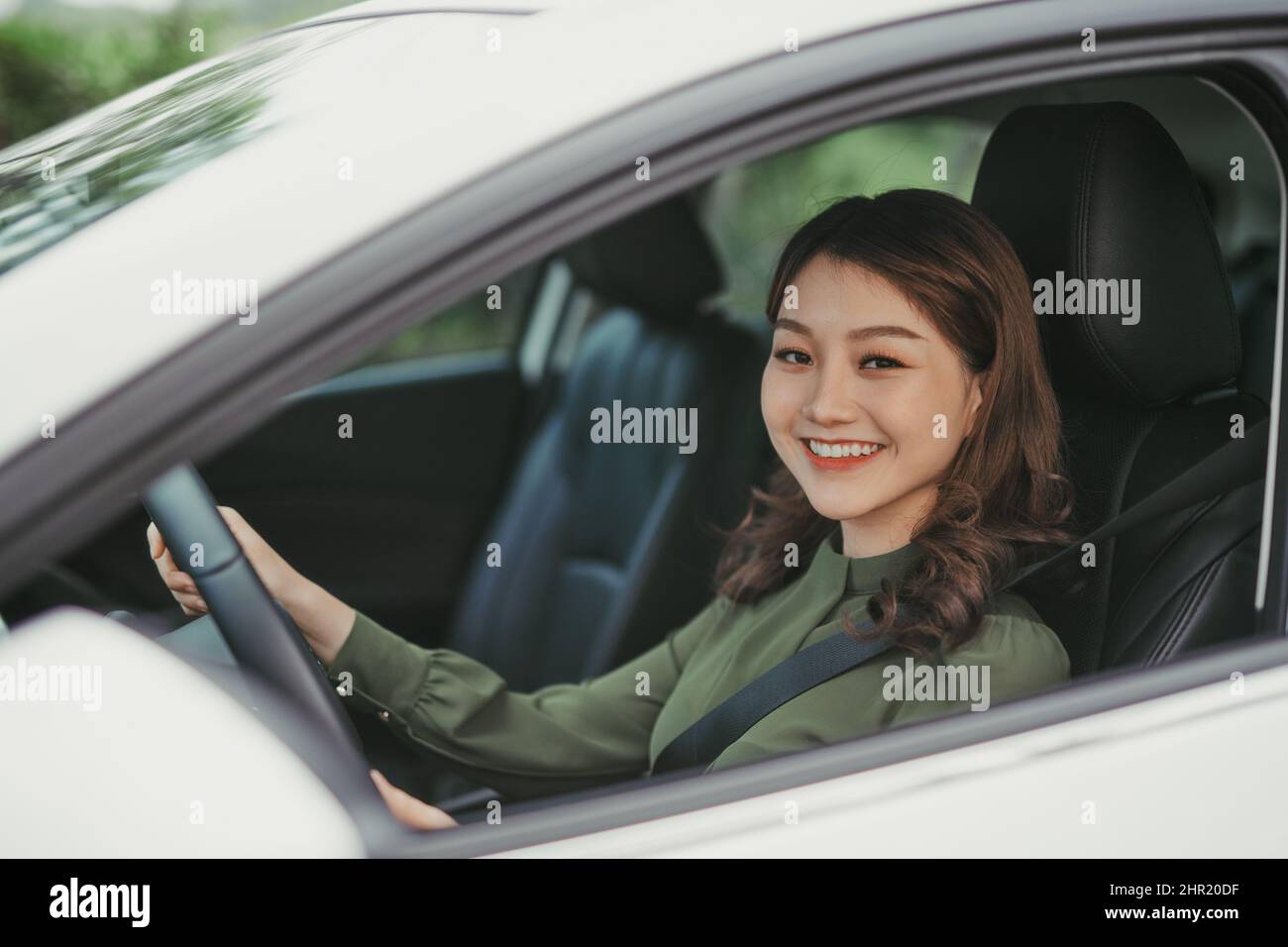 People enjoy laughing transport and relaxed happy woman on road trip ...