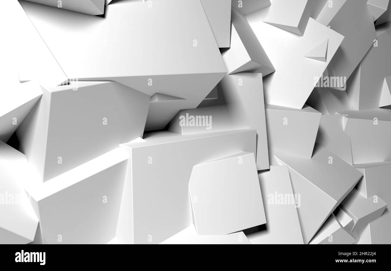 Abstract background with white 3D shapes flying in the light as a messy ...