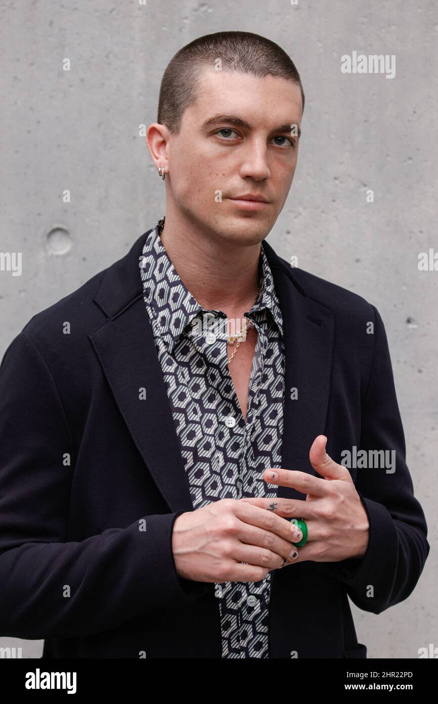 Paul Klein poses ahead of Emporio Armani show as part of Fall-Winter ...