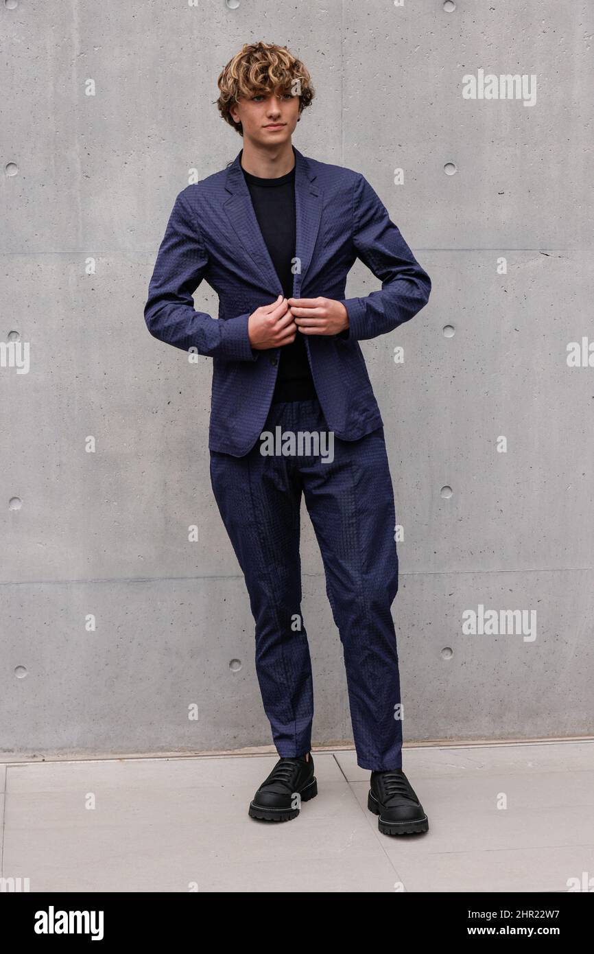 Gavin Casalegno poses ahead of Emporio Armani show as part of Fall ...