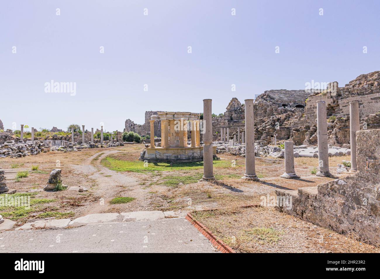 Panoramic view of the ruins of Ticaret Agora in Side, Turkey Stock ...