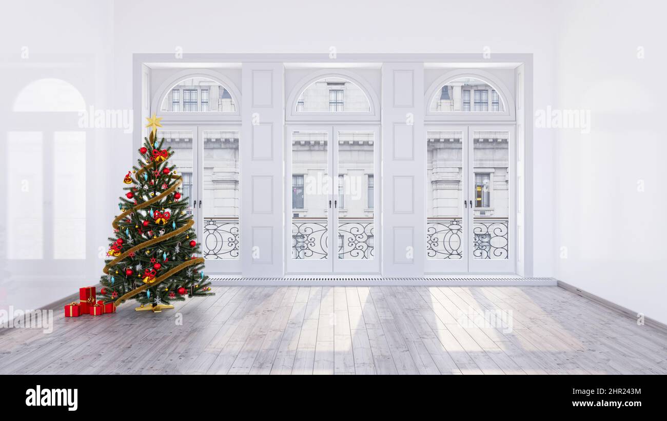 3d empty room render with Christmas tree, wooden floor, white wall ...