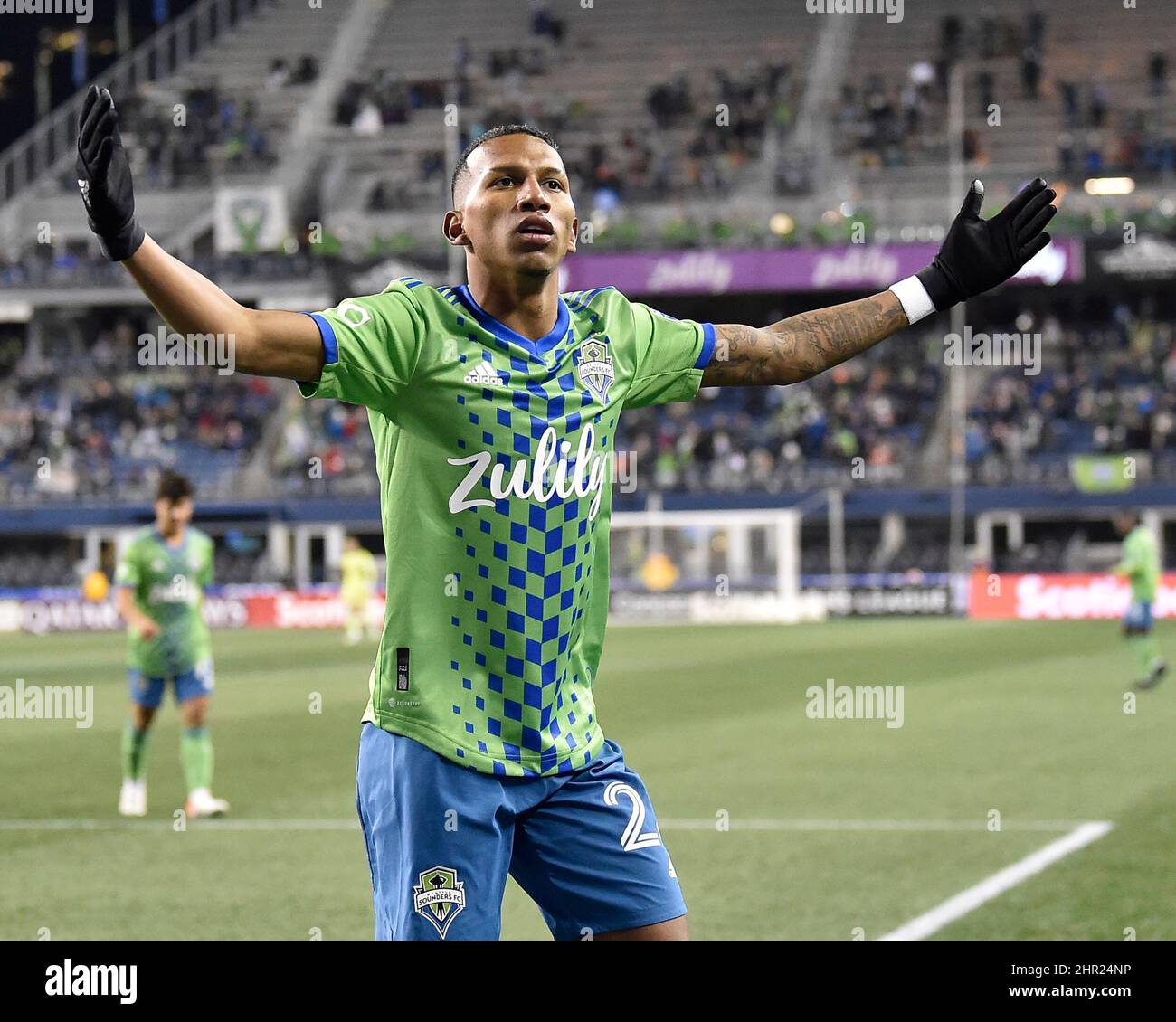 February 24, 2022: Seattle Sounders forward Leo Chu celebrates a second ...