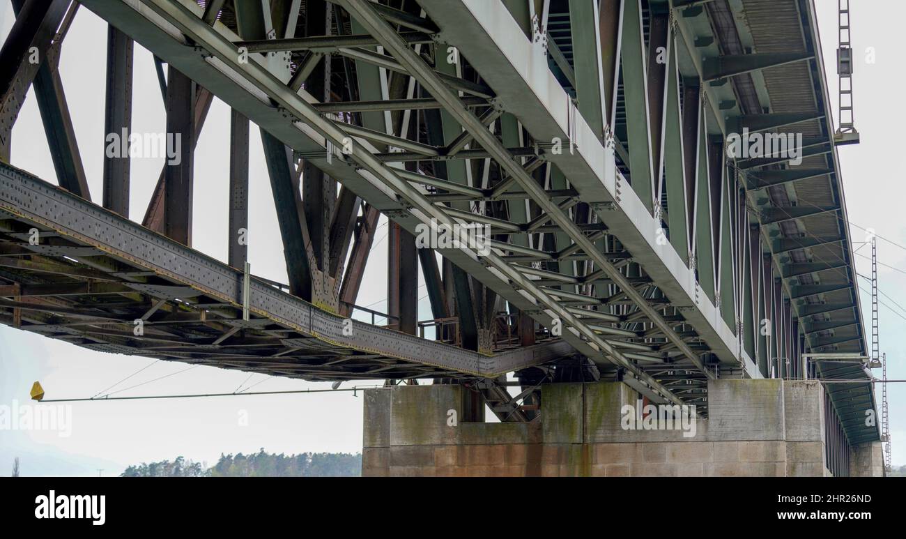 Steel construction of a cable car with riveted steel girders, steel ...
