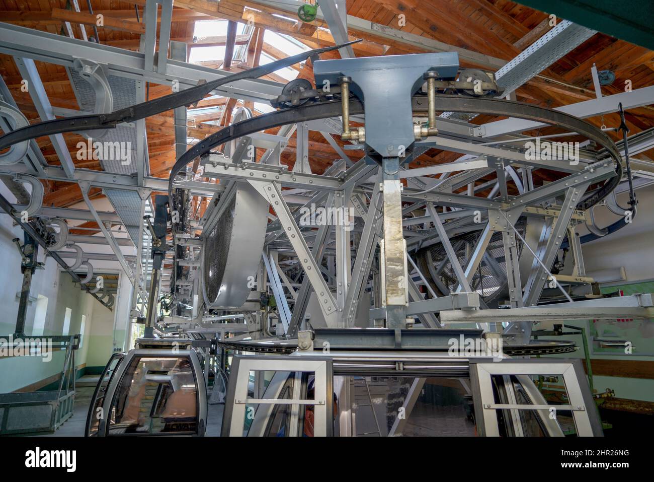 Steel construction of a cable car with riveted steel girders, steel ...