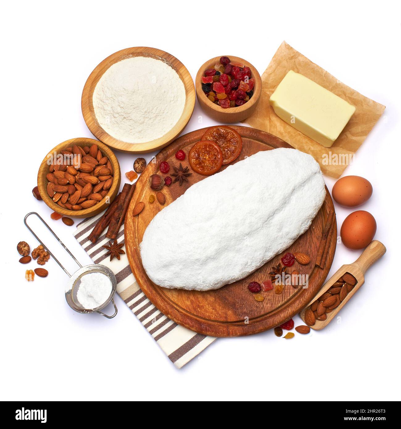 Traditional Christmas stollen cake with recipe ingredients isolated on ...