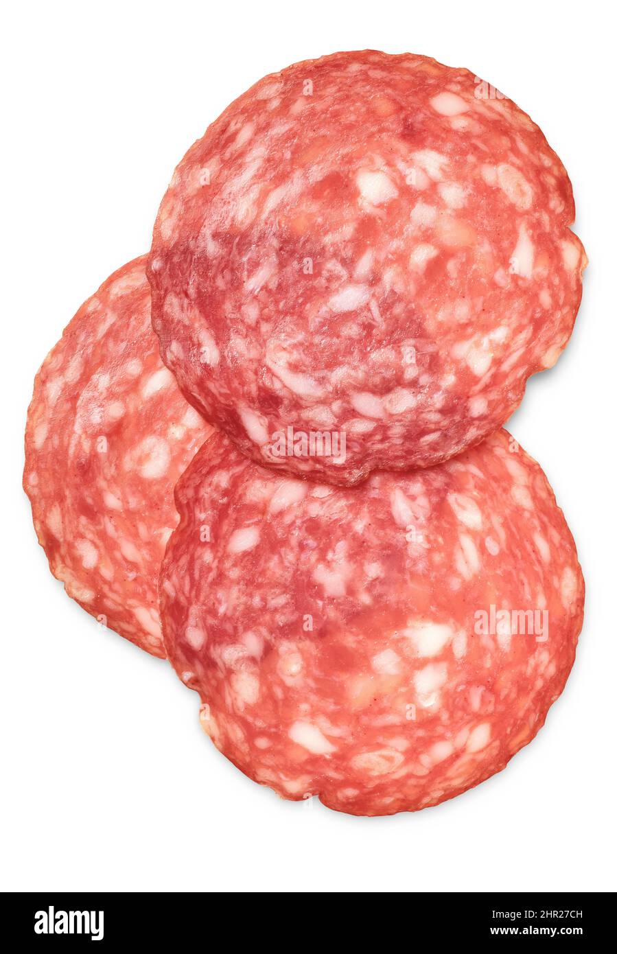 Food and drinks: thin slices of smoked sausage salami, isolated on white background Stock Photo ...