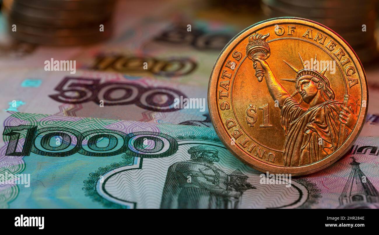 Russian Ruble Banknotes and US Dollar Inflation Ukraine War 1000 500 ...