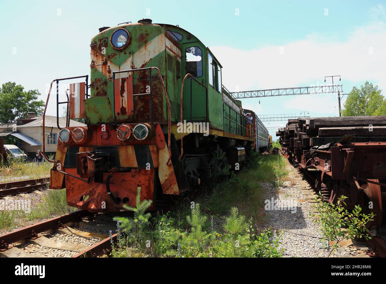Ukraine, barrier zone, locomotive and train waggon on the territory of ...