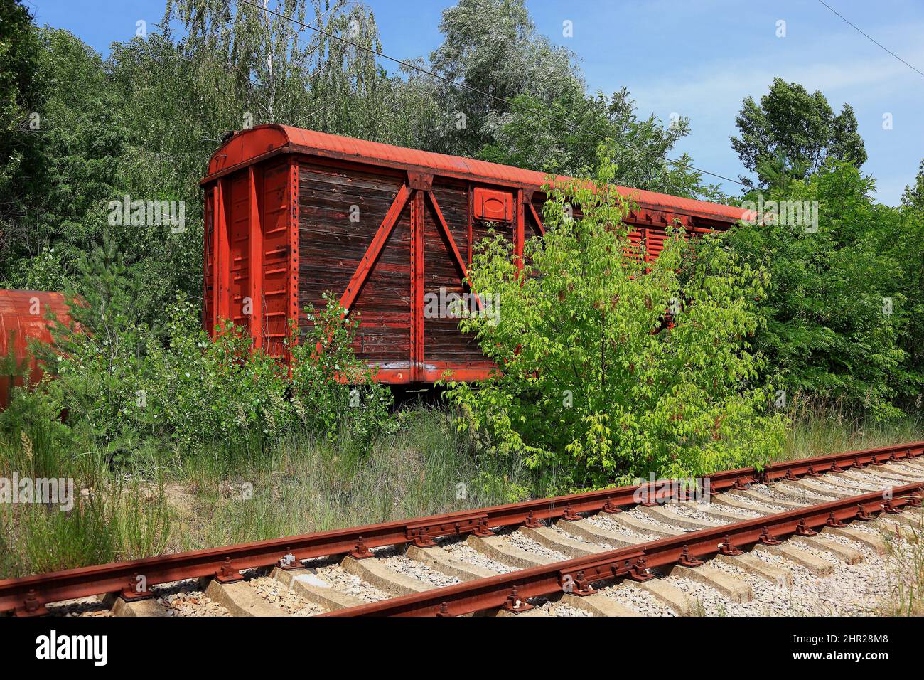 Ukraine, restraint zone, red wagon on the grounds of the former Yaniv ...