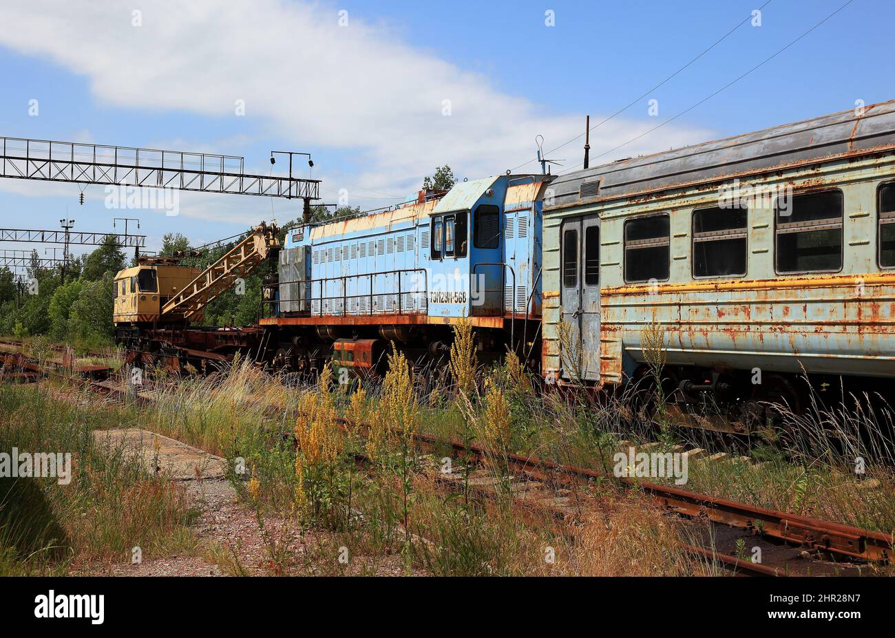 Ukraine, barrier zone, locomotive and loading crane on the grounds of ...