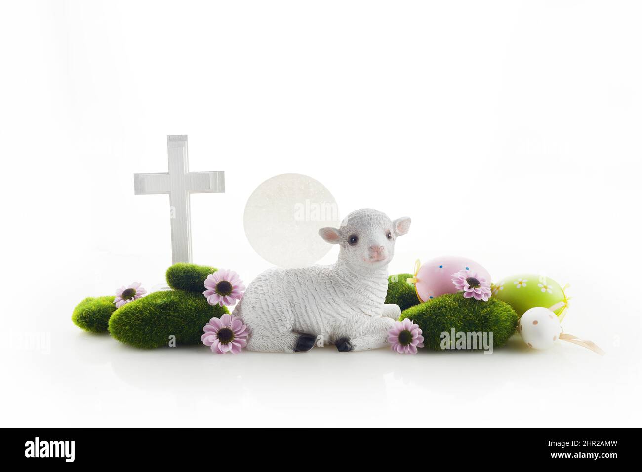 Easter lamb, eggs and cross on white background. Catholic Easter ...