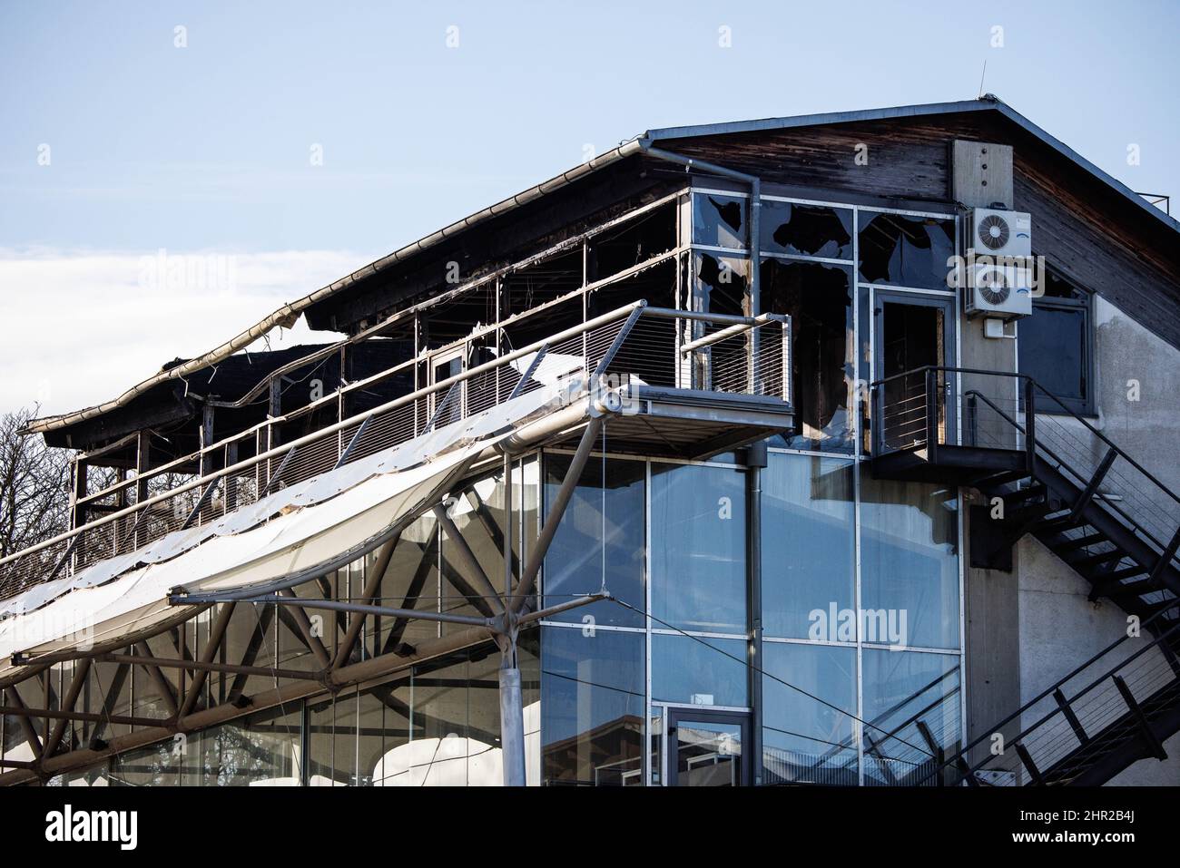 Munich, Germany. 25th Feb, 2022. The burnt-out roof truss of a ...