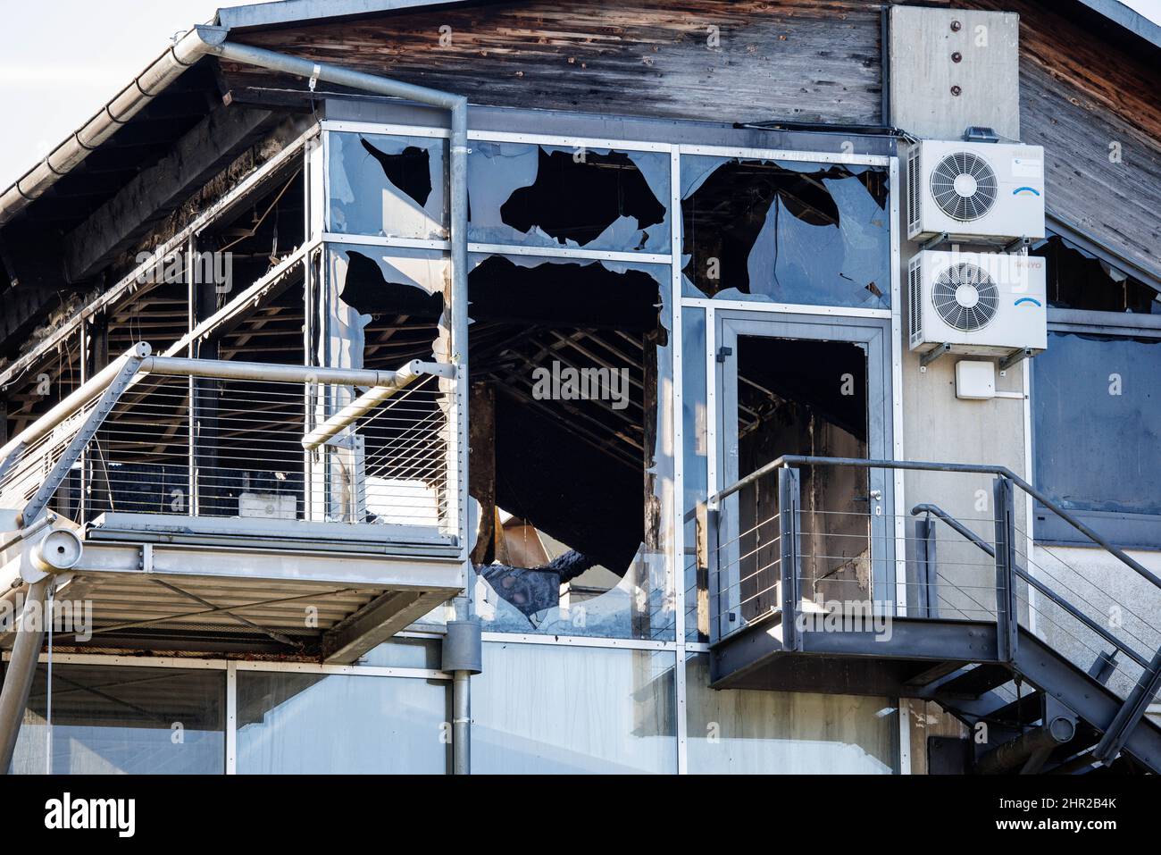 Munich, Germany. 25th Feb, 2022. The burnt-out roof truss of a ...