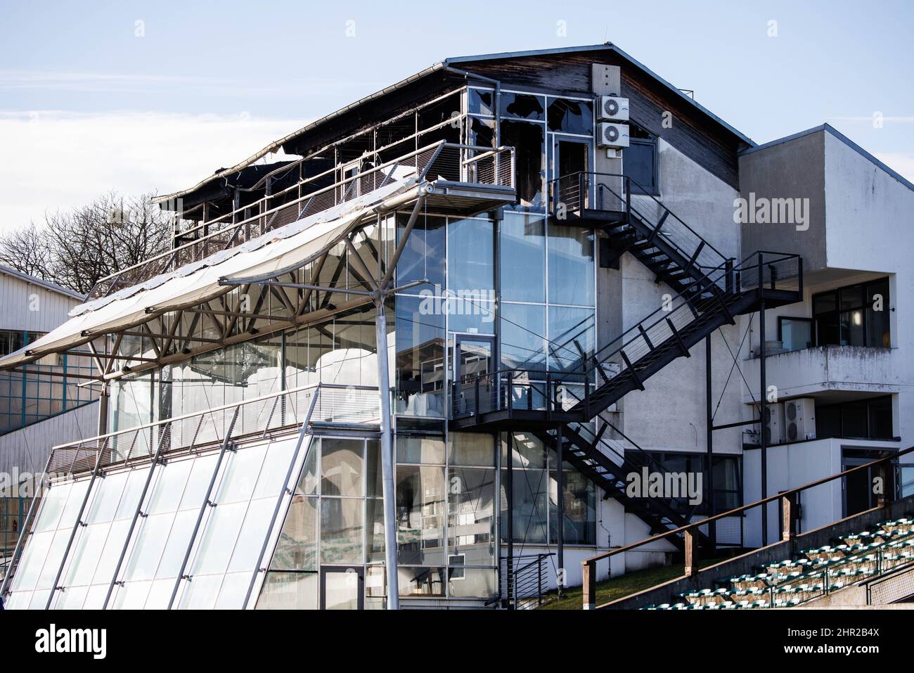 Munich, Germany. 25th Feb, 2022. The burnt-out roof truss of a ...