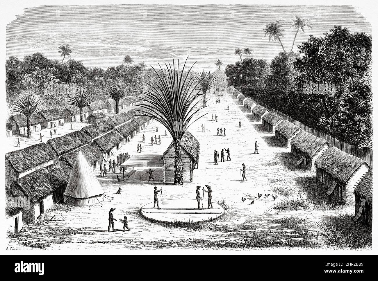 Manyema village, Central Africa. Old 19th century engraved illustration ...
