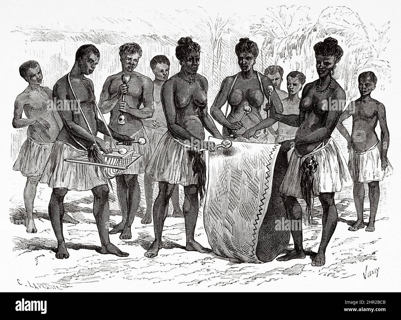 The musicians of Kasongo, Central Africa. Old 19th century engraved ...