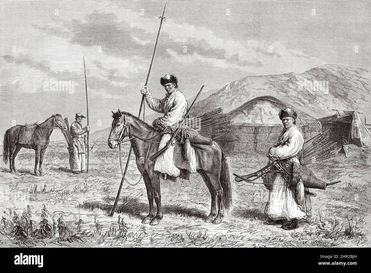 Mongol cavalry and infantry, Mongolia. Asia. Trip to Mongolia by Nikolai Mijailovich Przewalski ...