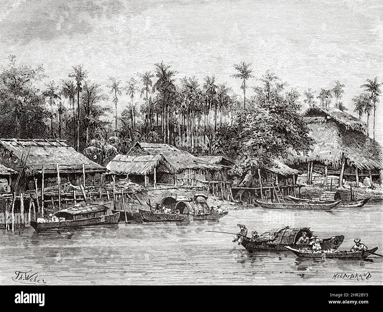 Annamites village on the edge of a river, Vietnam. Asia. Conquest of ...