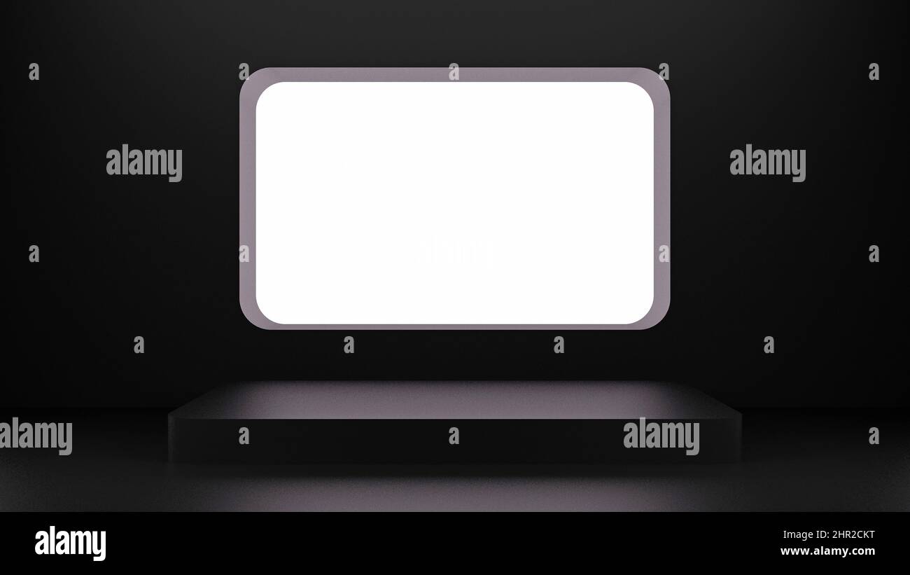 rectangle with rounded corners in the black wall and pedestal. 3d ...