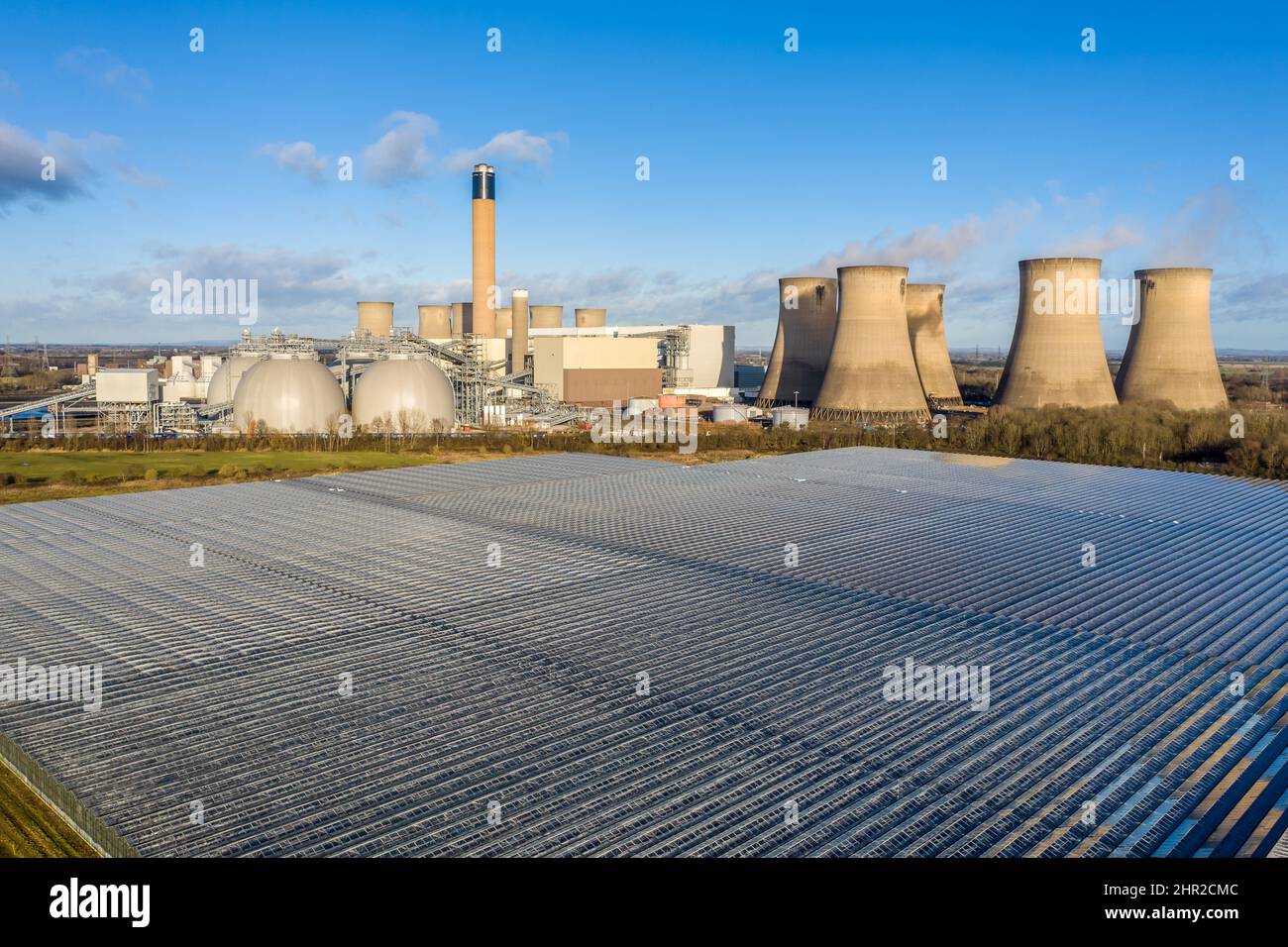 An aerial view of Drax Power Station and the greenhouses that grow ...