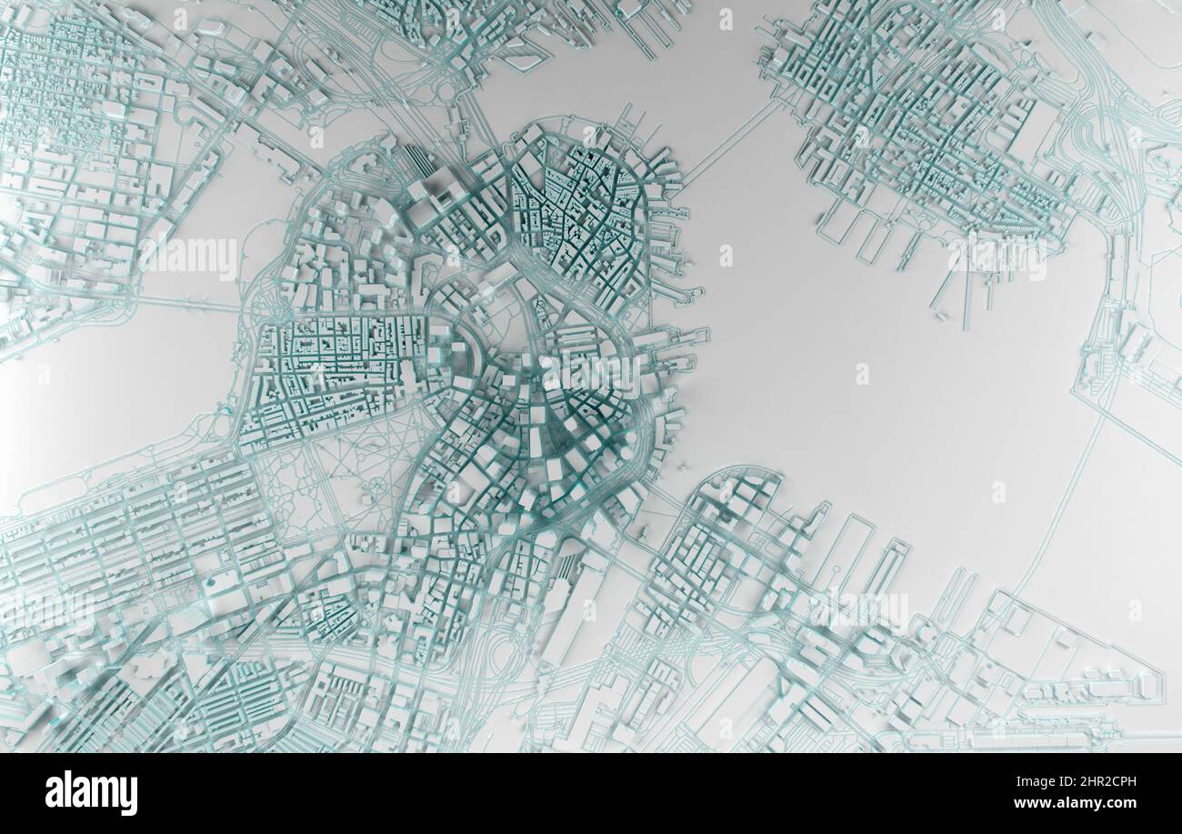 simplified map of the city of Boston aerial view. 3d rendering Stock ...