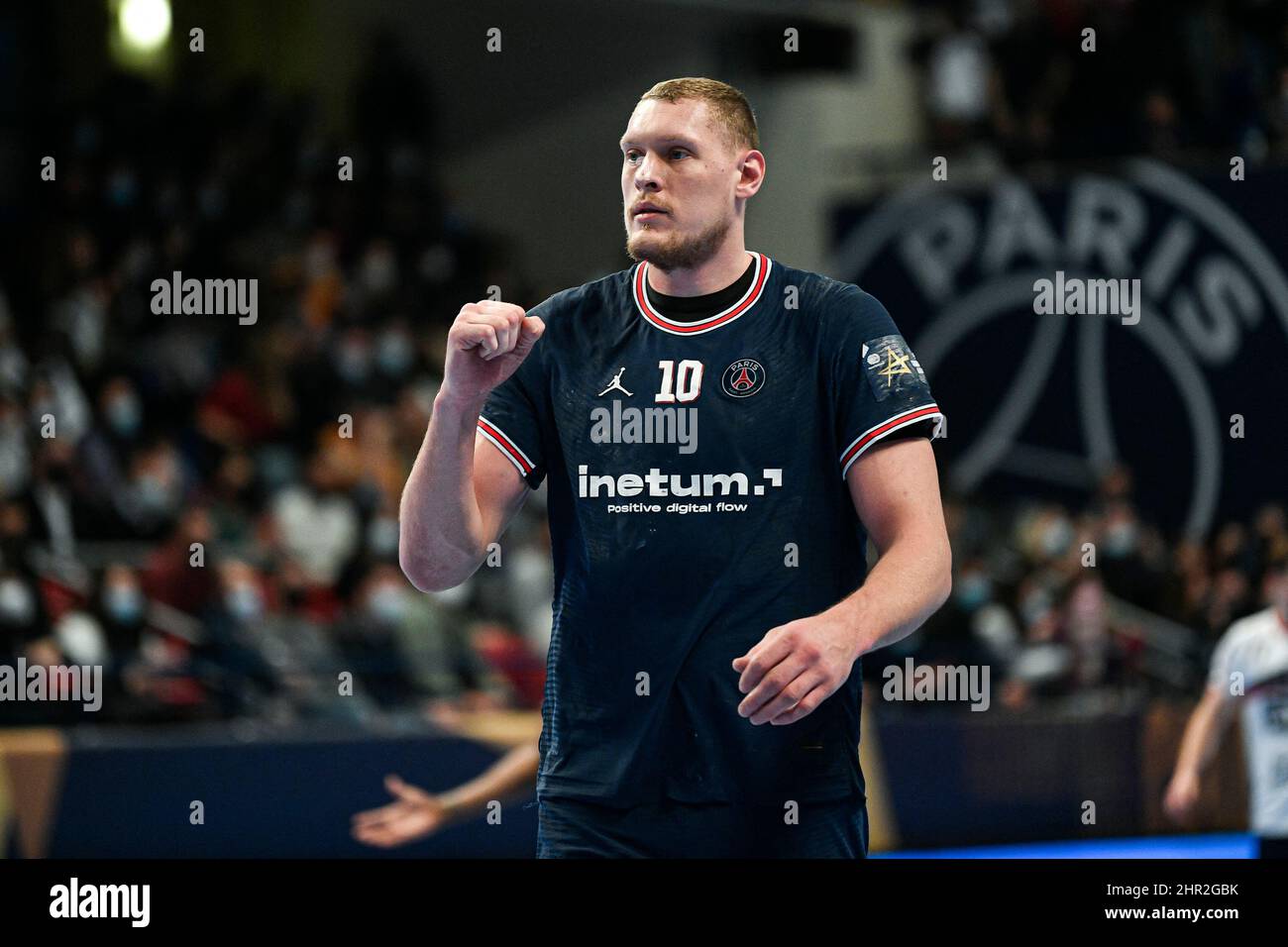 Dainis Kristopans (from back) of PSG reacts during the EHF Champions ...