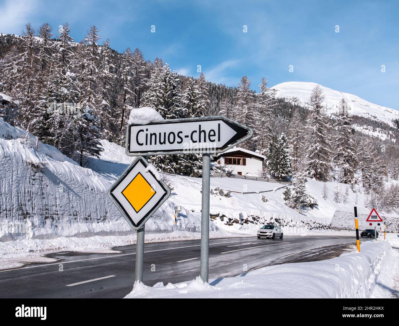 Cinuos-Chel, Switzerland - February 3, 2022: The snowy winter landscape ...