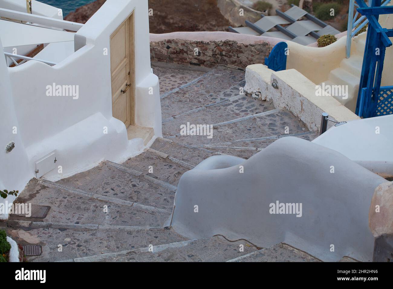 Stone staircases and white houses on Santorini Island, Greece Stock ...