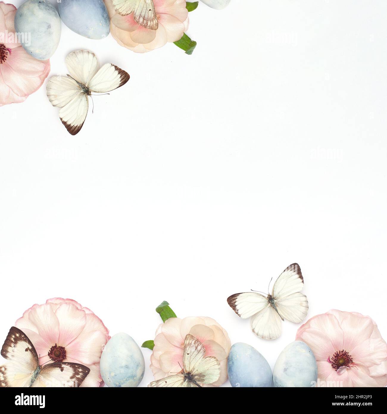 Beautiful pastel background border. Spring flowers and Easter eggs on ...