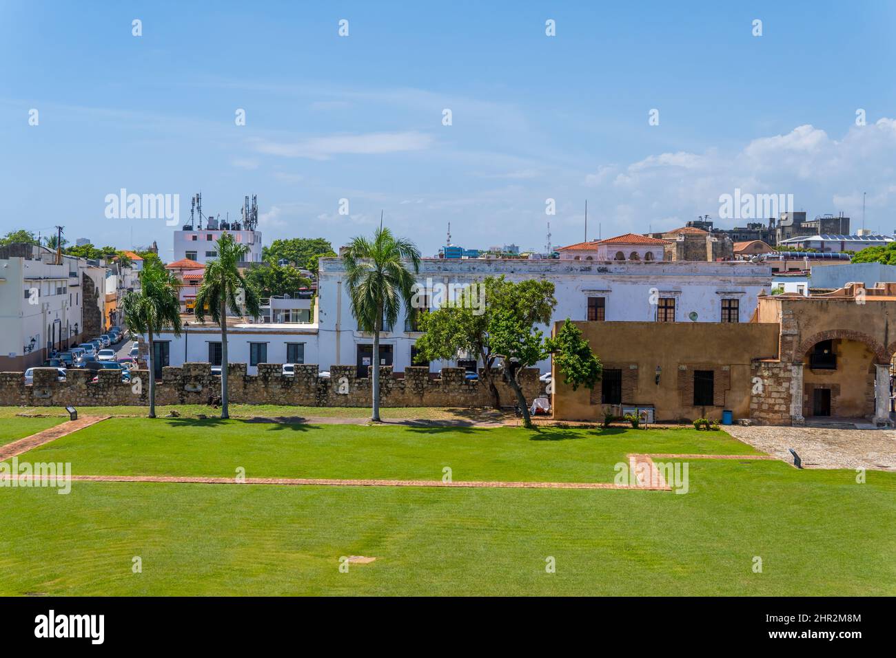 Colonial houses and the walls of Ozama Fortress. Santo Domin, Dominican ...