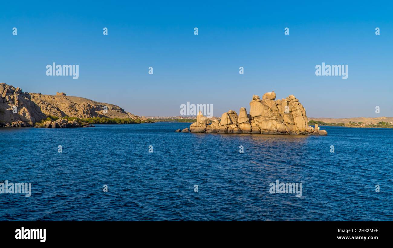 Landscape view of the temple built on the Nile River. Egypt Stock Photo ...