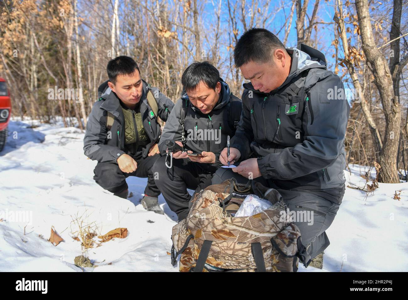 (220225) -- CHANGCHUN, Feb. 25, 2022 (Xinhua) -- Park rangers fill in ...
