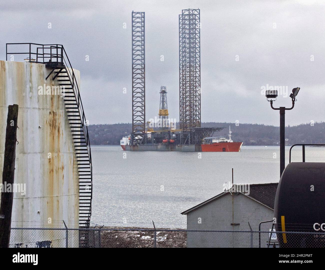 The jack-up rig Rowan Gorilla III is loaded on to the semi-submersible ...