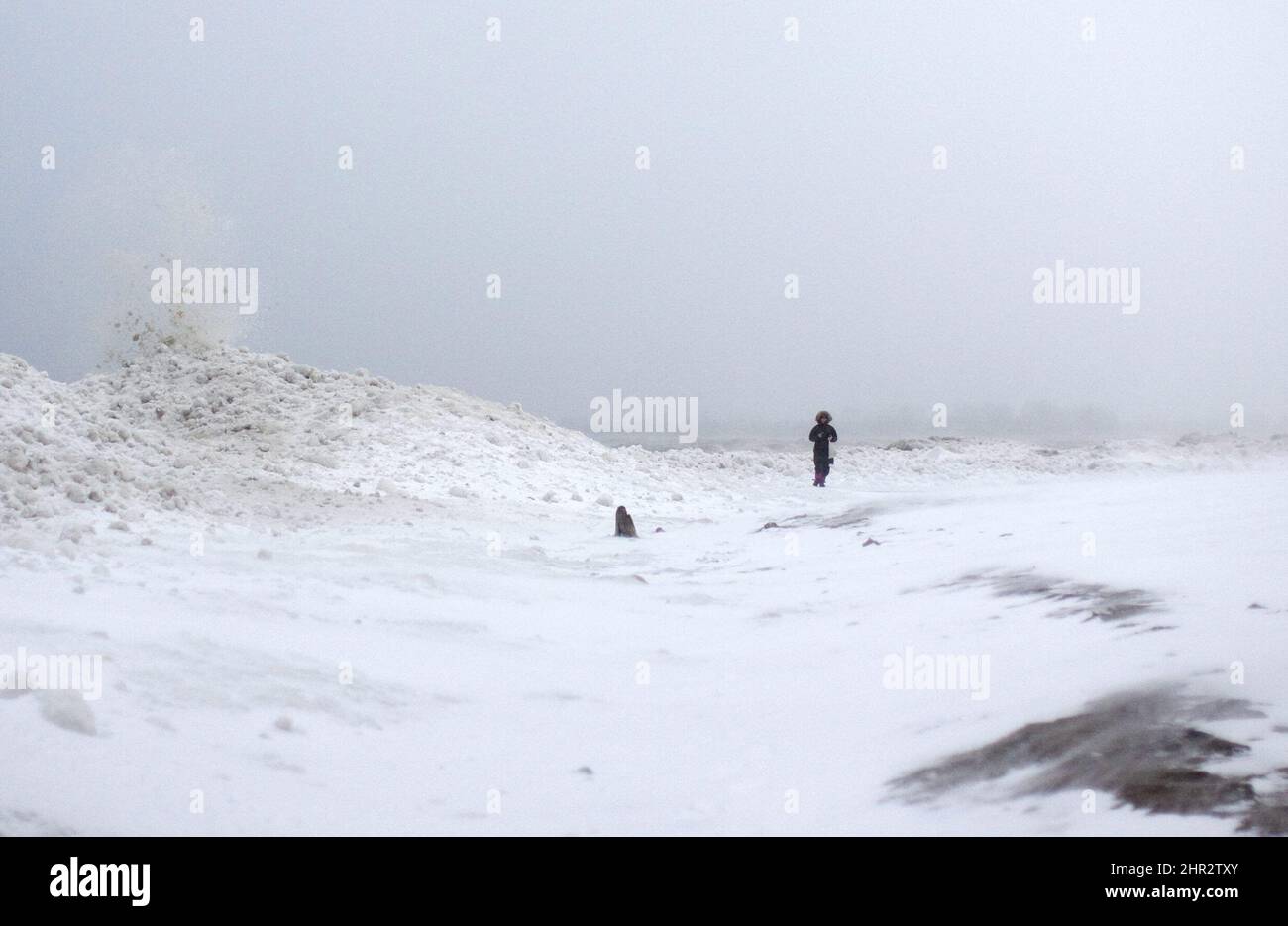 A woman walks along the lakeshore in Toronto as a winter snow storm ...