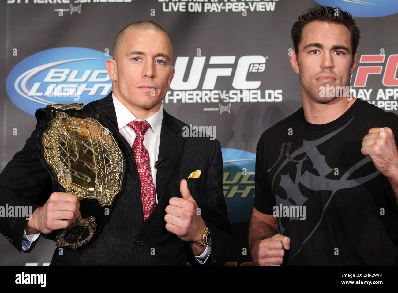 UFC 129 fighters Georges St-Pierre (left) and Jake Shields pose at a ...