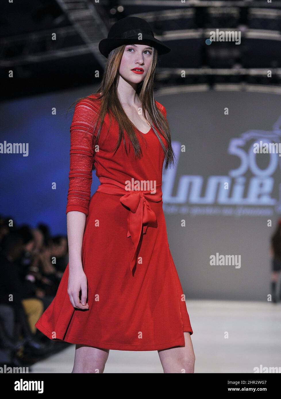 A model wears a design by Annie 50 during Montreal Fashion Week, in ...