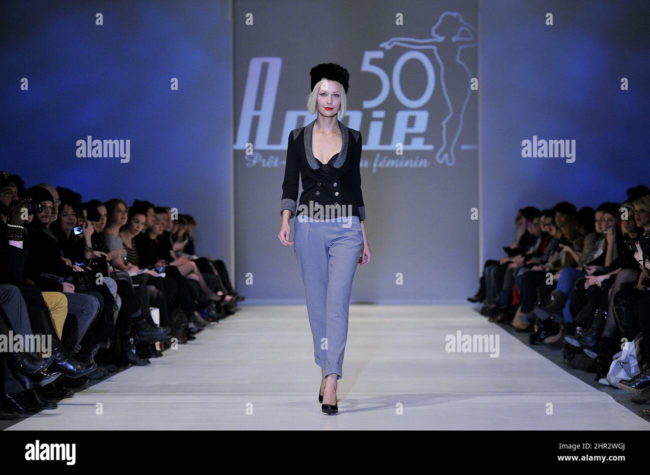 A model wears a design by Annie 50 during Montreal Fashion Week, in ...
